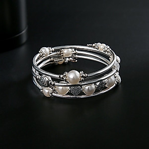 Beaded Pearl Bangle Wrap Bracelet - Fashion Bohemian Jewelry Multilayer Charm Bracelet with Thick Silver Metal Beads, Gift For Women (White)