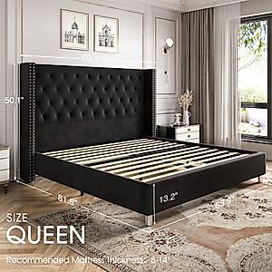 PaPaJet King Bed Frame Upholstered Bed Velvet Low Profile Platform Bed with Raised Wingback Headboard/No Box Spring Needed/Easy Assembly/Cream