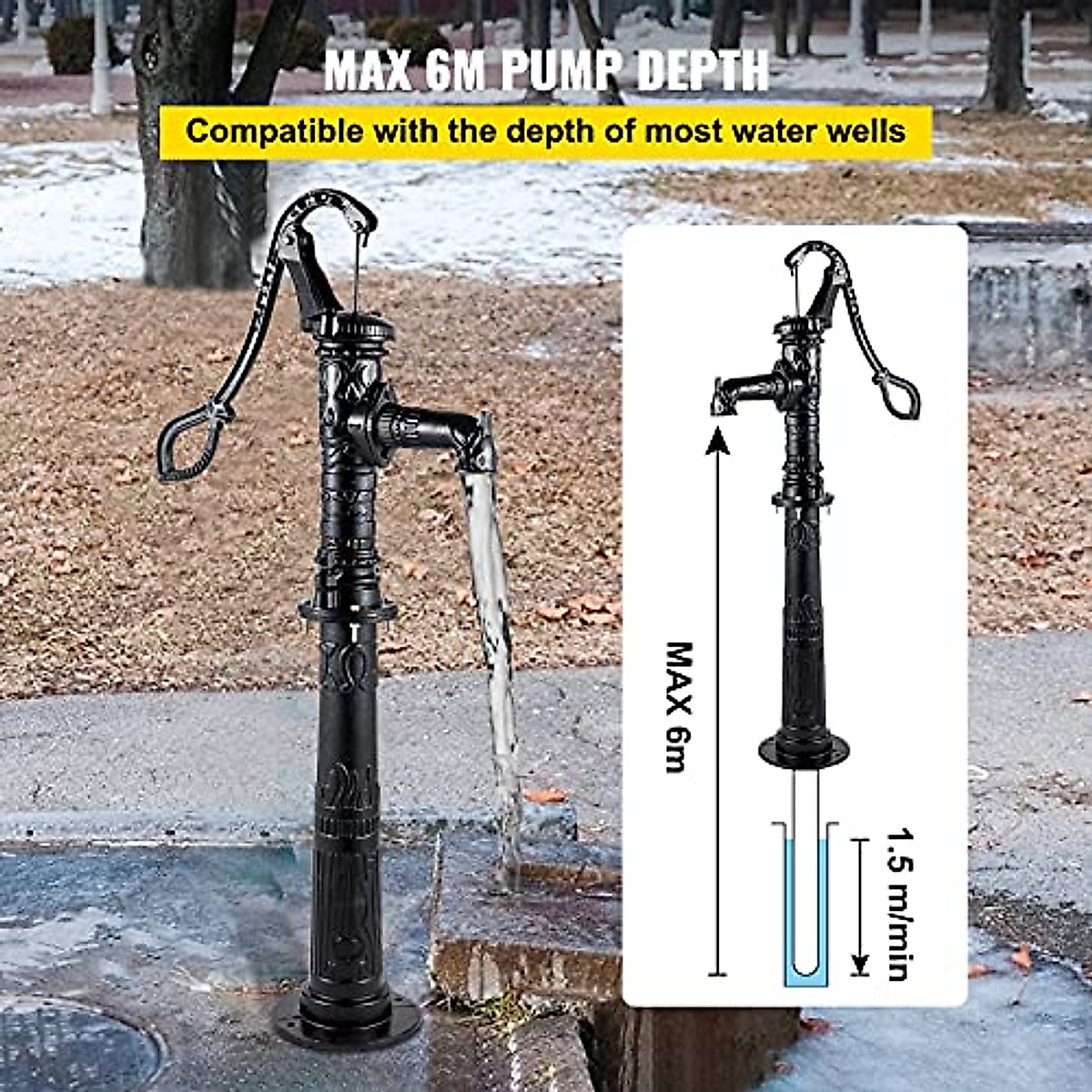 VEVOR Hand Water Pump Cast Iron, Vintage Pitcher Pump & Pump Stand 26‘’ Height, Max 20ft Pump Depth, Easy Installation, Heavy-duty Well Pump, Antique Pitcher Water Pump for Yard, Garden, Farm, Black