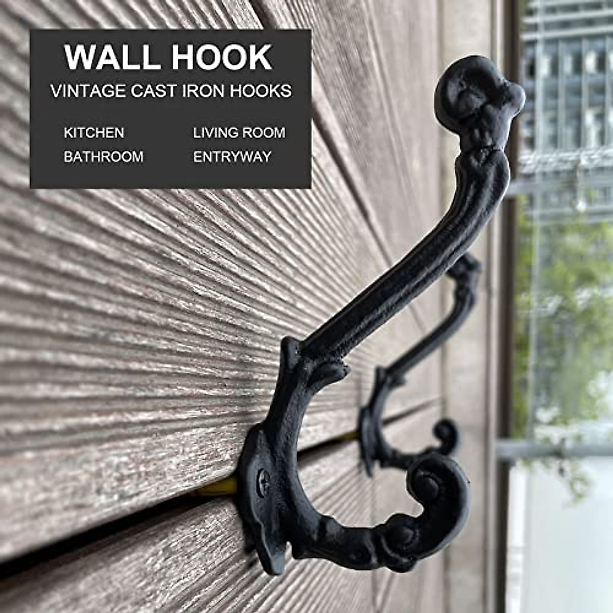 6 Pack Cast Iron Wall Hooks Antique Vintage Rustic Farmhouse Coat Hooks, Great for Coats, Bags, Towels, Hats, Mounting Screws Included