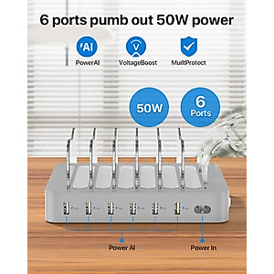 SooPii Premium 6-Port USB Charging Station Organizer for Multiple Devices, 6 Short Charging Cables and One Upgraded i-Watch Charger Holder Included, for Phones,Tablets and Other Electronics, Silver