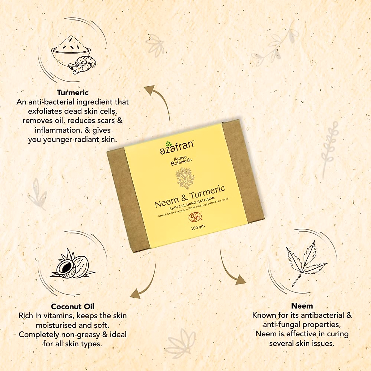 Azafran Neem & Turmeric Skin Clearing Bath Bar, Organic Natural Soap Bar for Oily, Acne-Prone & Sensitive Skin, Handmade Soap in India