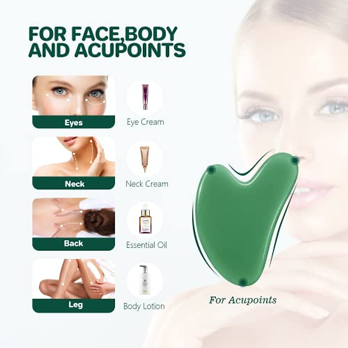 Gua Sha Facial Tool Guasha Board Natural Jade Stone for SPA Acupuncture Therapy Trigger Point Treatment, Relieve Muscle Tensions Reduce Puffiness (Green)