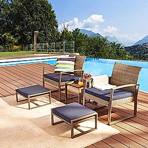 Festival Depot 5 Pieces Patio Outdoor Conversation Chairs Cushions Ottomans Set with Coffee Square Table Metal Frame Furniture Garden Bistro Seating Thick Soft Cushions (Blue)