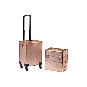 Rolling Train Case 5-in-1 Portable Makeup Train Case Professional Cosmetic Organizer Makeup Traveling case Trolley Cart Trunk (Rose Gold)