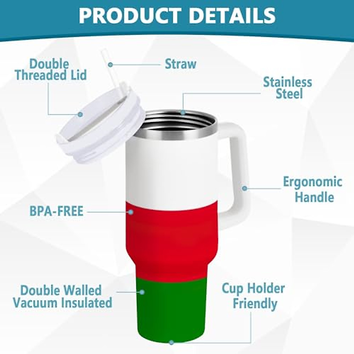 ODAWA 40oz Oman Flag Insulated Water Tumbler with Handle and Straw Lid, 2 in 1 Lid Insulated Stainless Steel Tumblers