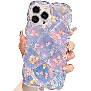 Qokey Compatible with iPhone 14 Pro Max Case 6.7",Cute Laser Gradual Bling Love Heart Glitter Clear+Translucent Card Soft Wave Frame Anti-Falling 3D Thick Shockproof Phone Cover(for 14 Pro Max 6.7")