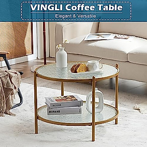 VINGLI 25.6" Small Matte Gold Round Coffee Table Water-Wave Glass Circle Clear Coffee Table, Center Table with 2-Tier Modern Storage Design for Living Room, Bedroom, Meeting Room, Balcony, Patio