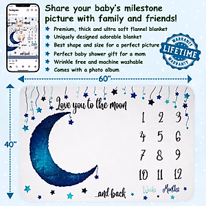 Baby Monthly Milestone Blanket Boy- Extra Soft, Large (60"X40") Thick Fleece - Baby Growth Chart Blanket - Baby Age Blanket - Baby Month Blanket boys- Nursery Decor for newborns - Includes Photo Album