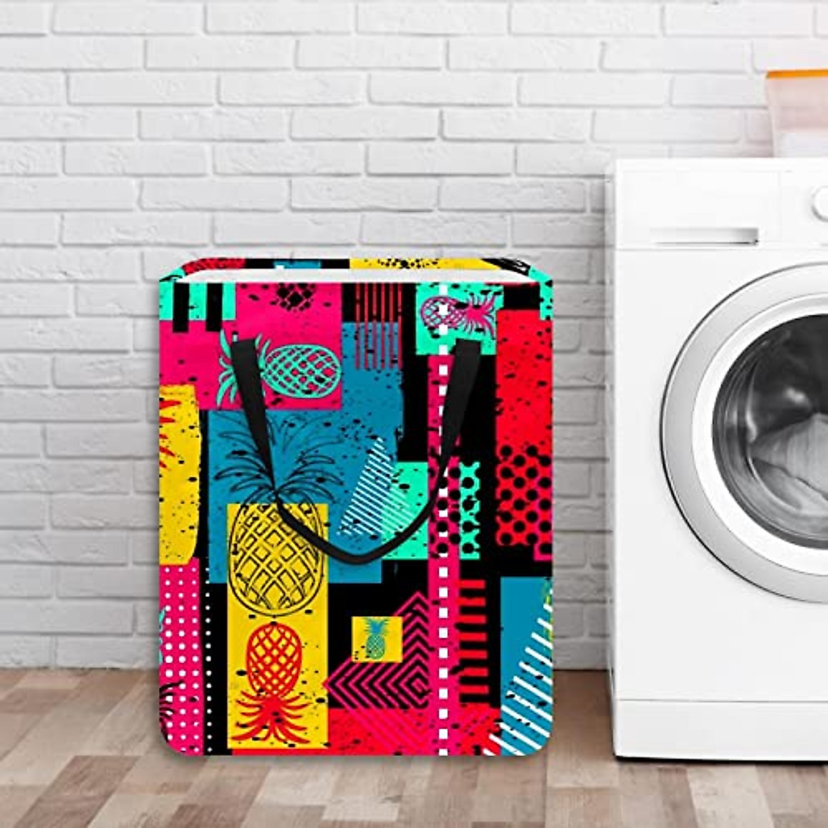 Exotic Summer Colorful Pneapples Geometric Pattern Print Collapsible Laundry Hamper, 60L Waterproof Laundry Baskets Washing Bin Clothes Toys Storage for Dorm Bathroom Bedroom