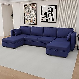 ANZEHOME 110" Sectional Sofa Couch for Living Room, Modern Modular U-Shape Sofa with Storage Seats & Reversible Chaise & Adjustable Backrest Armrest, 6 Seat Convertible Sofa for Home Office (Blue)
