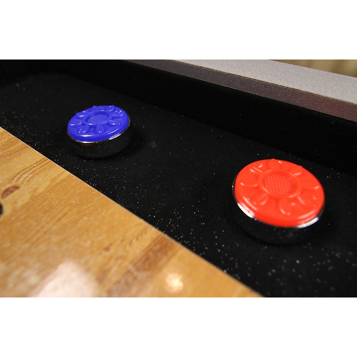 Atomic 9’ Platinum Shuffleboard Table with Poly-coated Playing Surface for Smooth, Fast Puck Action and Pedestal Legs with Levelers for Optimum Stability and Level Play