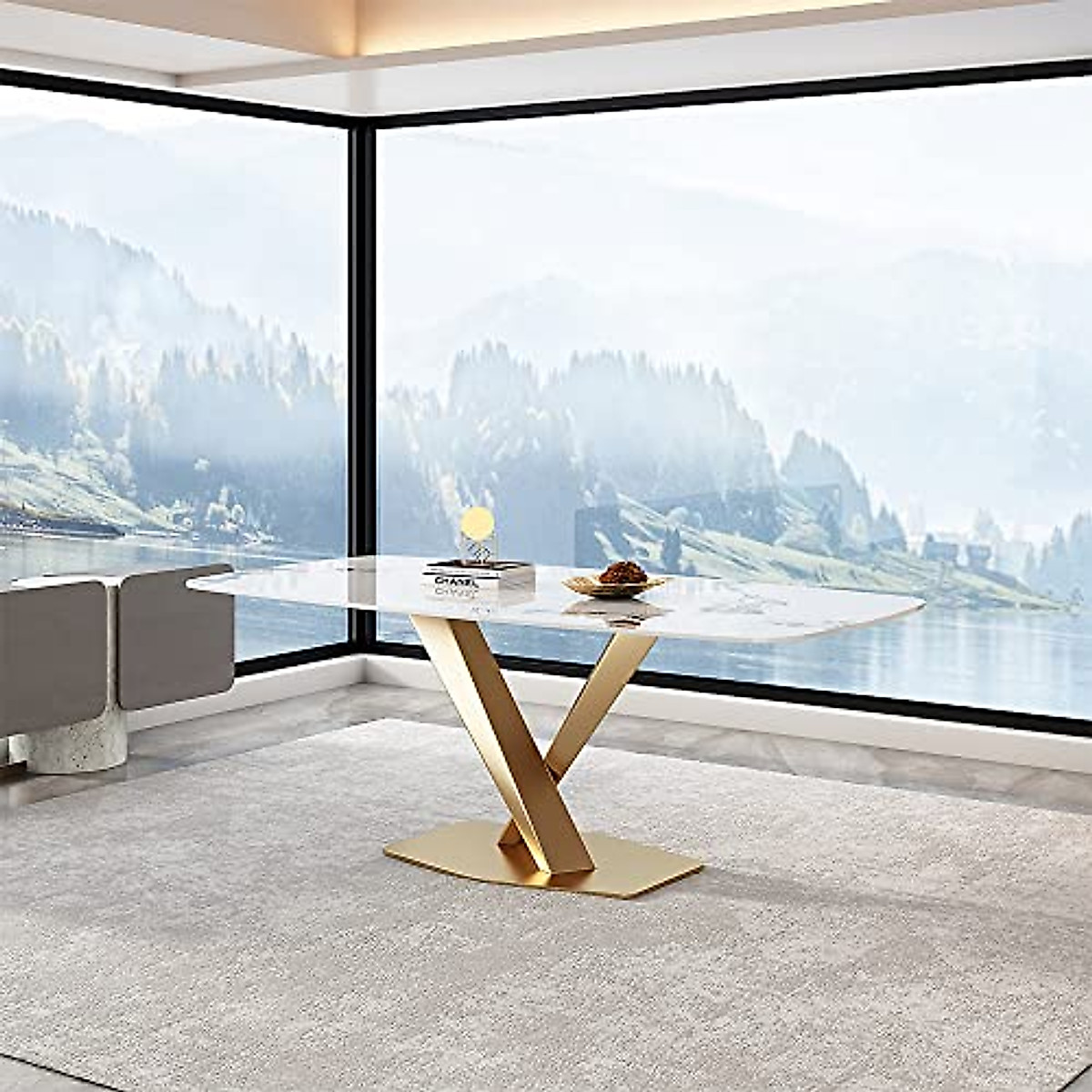 Modern Dining Table, 70.9" Marble Dining Table for 4-6, Durable White Sintered Stone Tabletop, Gold Carbon Steel Metal X-Base, Luxury Table for Kitchen Dining Office (1 Table 6 Orange Chairs)
