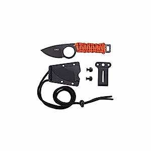 CRKT Tailbone EDC Knife: Everyday Carry Fixed Blade Drop Point Knife with Black Stonewash Finish, Orange Cord Wrapped Handle, Sheath 2415