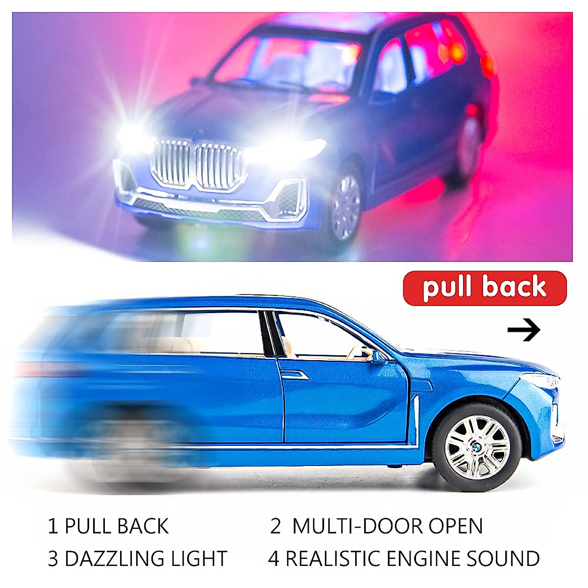 BDTCTK 1/24 Compatible for X7 SUV Model Car Toy Diecast Toy Cars, Zinc Alloy Pull Back Toy car with Sound and Light for Kids Boy Girl Gift(Blue)