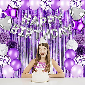 JOYYPOP Purple Birthday Decorations for Women or Girl,Purple Birthday Party Decorations with Happy Birthday Balloons,Happy Birthday Cake Topper, Paper Pompoms for Baby Shower Birthday Party