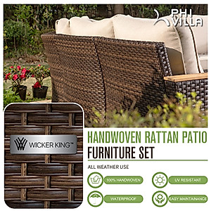 PHI VILLA 7-Piece Wicker Patio Conversation Set, Outdoor Rattan Sectional Furniture Patio Set for 7 Seats with Cushioned 2 x Single Sofa, 2 x Armrest Chair, 2 x Ottoman and 1 x Armless Sofa, Beige