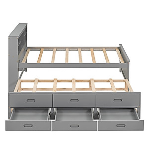 Twin Size Bed Frame Wooden Platform Bed with Storage Bookcase Headboard and Charging Station, Twin Storage Bed Frame with Trundle and 3 Drawers for Kids, Teens, Adults, No Box Spring Needed (Gray)