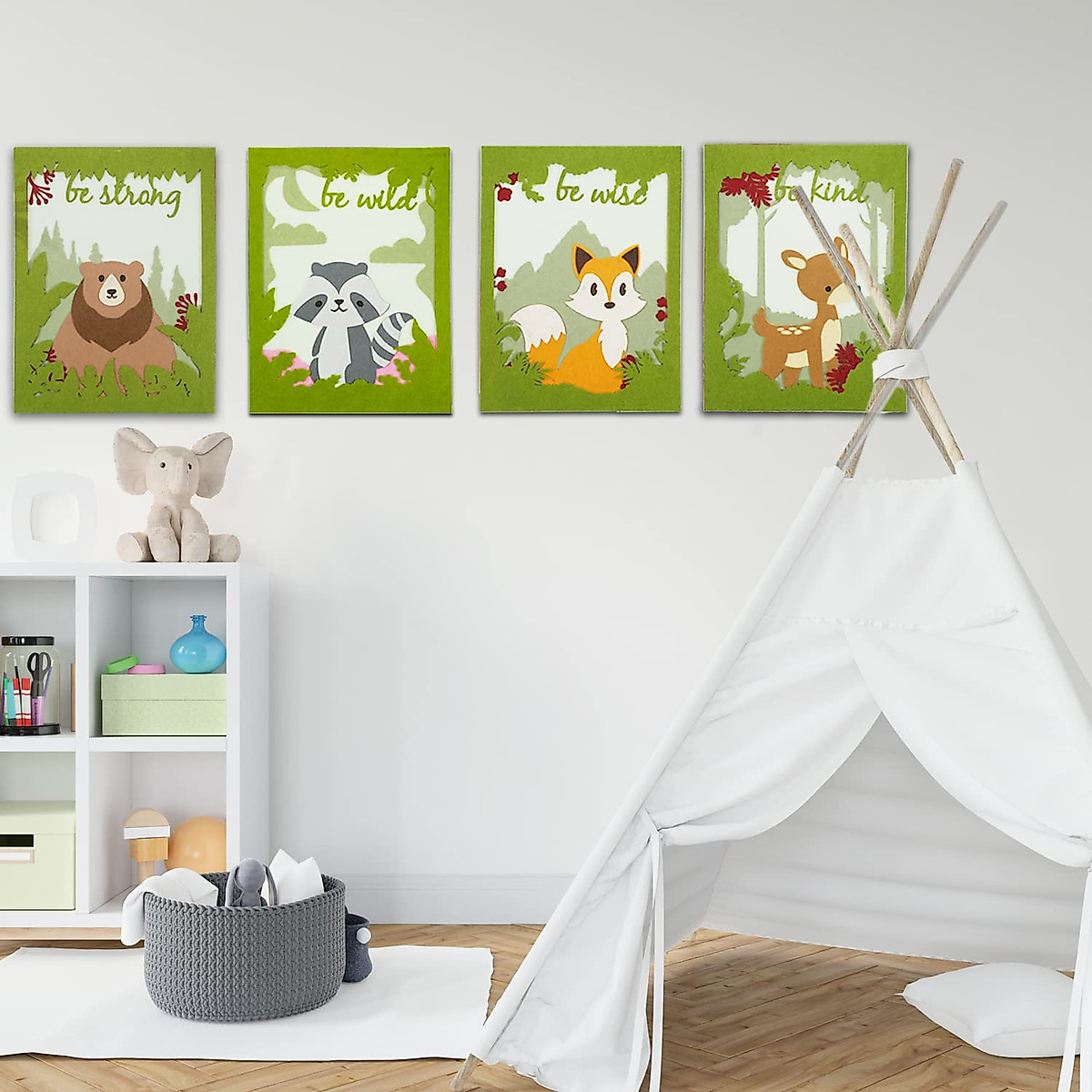 CHEFAN Multi-Layered Felt Woodland Nursery Decor for Boys and Girls, 4 Pack Baby Room Decor with Forest Animals- Bear Fox Raccoon Deer, Woodland Wall Decor for Nursery and Kids Bedroom(12"x9")