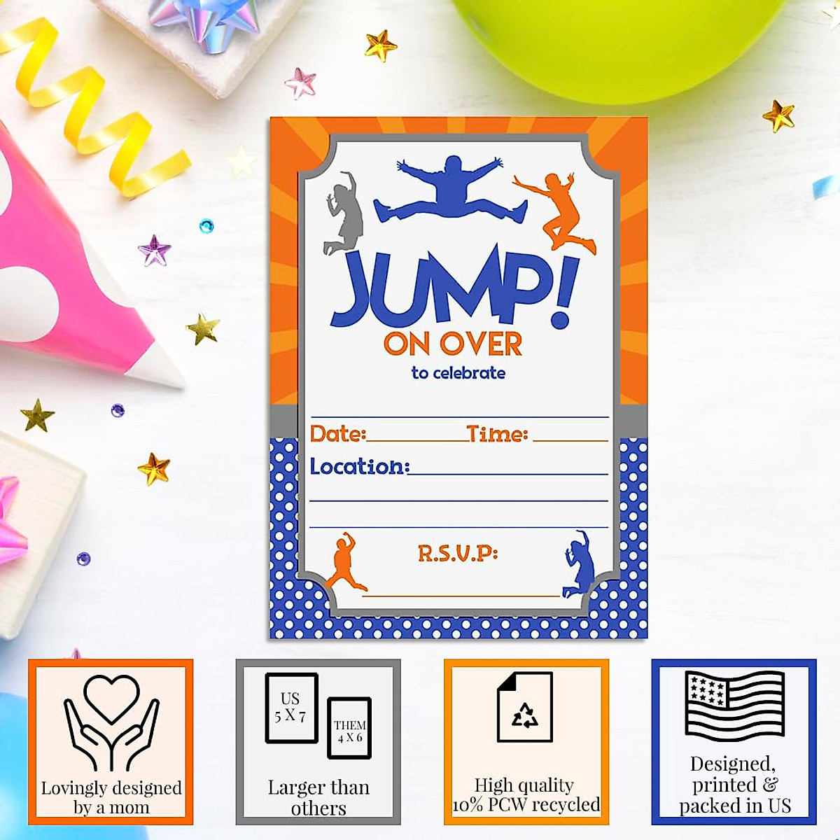 Jump Zone Bounce and Play Trampoline Park Jumping Birthday Party Invitations, 20 5x7 Fill In Cards with Twenty White Envelopes by AmandaCreation