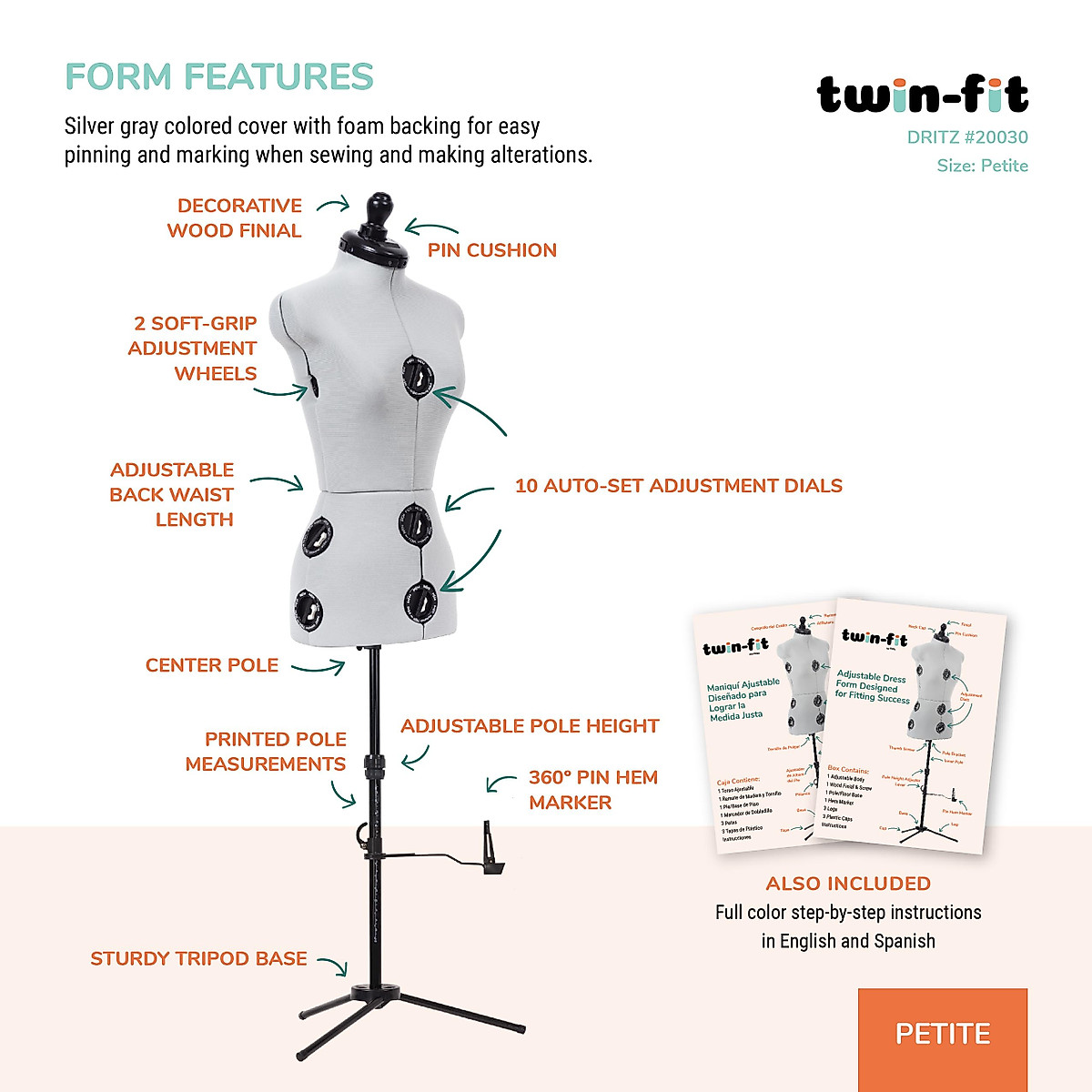 Dritz Twin-Fit Dress Form with Adjustable Tri-Pod Stand, Petite