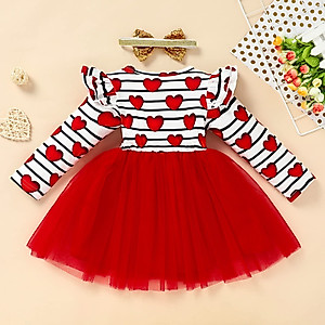 Baby Girls Valentine's Day Outfits Long Sleeve Stripe Heart Print Tutu Skirts Ruffle Dress Toddler Girl Clothes(Red,5-6T)