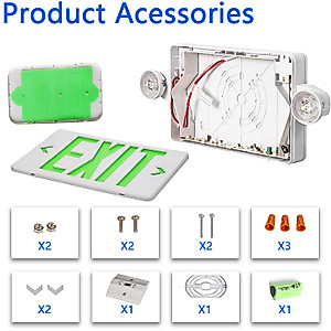 Green LED Exit Sign Emergency Lights with 2 Adjustable Head Lights, Green Letter Emergency Exit Lighting With Battery backup, US Standard Double Sided ABS Fire Resistant UL 924 AC 120/277V (12-Pack)