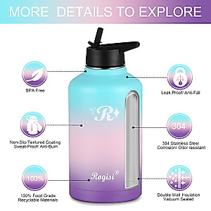 Half Gallon/ 64oz Water Bottle with Straw and Sleeve Insulated, Wide Mouth Stainless Steel Big Gallon Water Jug, Keep Cold for 48 Hrs or Hot for 24 Hrs Vacuum Metal Thermos Mug with Handle