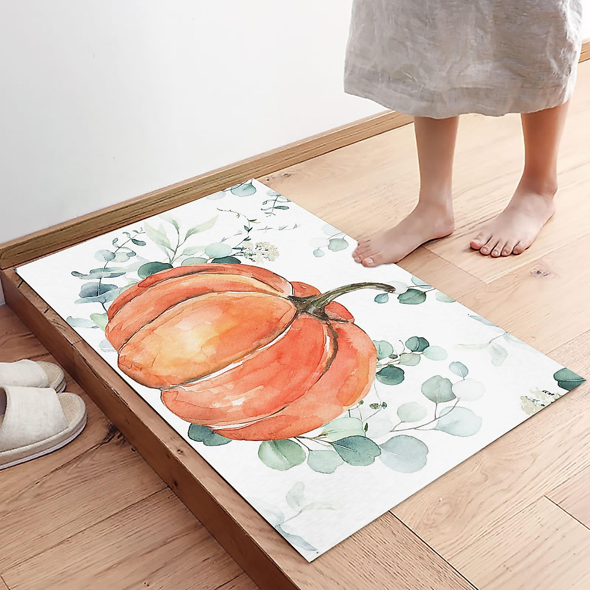 ALAGEO Fall Doormat Fall Pumpkin Door Mat Welcome Mats Entrance Floor Mat Green Eucalyptus Leaves Fall Seasonal Harvest Thanksgiving Floor Mat Outdoor Indoor Runner Rugs Non-Slip Floor Mat 20"x32"