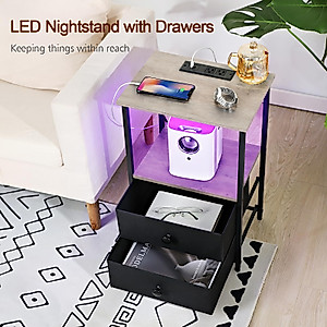 LOAKEKEL Night Stand Set 2, LED Nightstand with Charging Station, End Tables with Storage Shelf for Small Spaces, Bedside Table Side Tables with 2 Fabric Drawers for Bedroom, Greige, HETS02GY