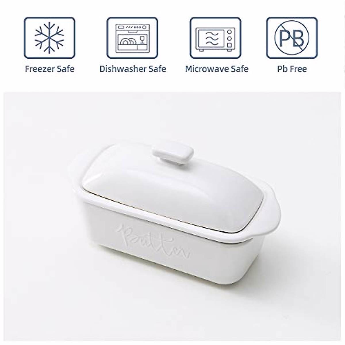 FE Butter Dish, 10 oz Ceramic Butter Keeper with Water Line, French Butter Dish with Lid for Countertop (White)