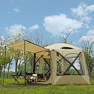 Instant Cabin Tent Portable Large Pop Up Tent Easy Setup for Family Camping Hexagon Restaurant Tent with Wind Rope/Ground Pegs/Door Poles/Storage Bag