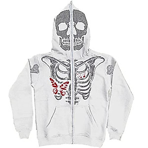 NaranjaBurbuja Y2k Skeleton Full Zip Up Hoodies Over Face Women Men Rhinestone Skull Graphic Print Sweatshirt Gothic Oversized Jackets Streetwear, Q-butterfly White Skeleton Goth