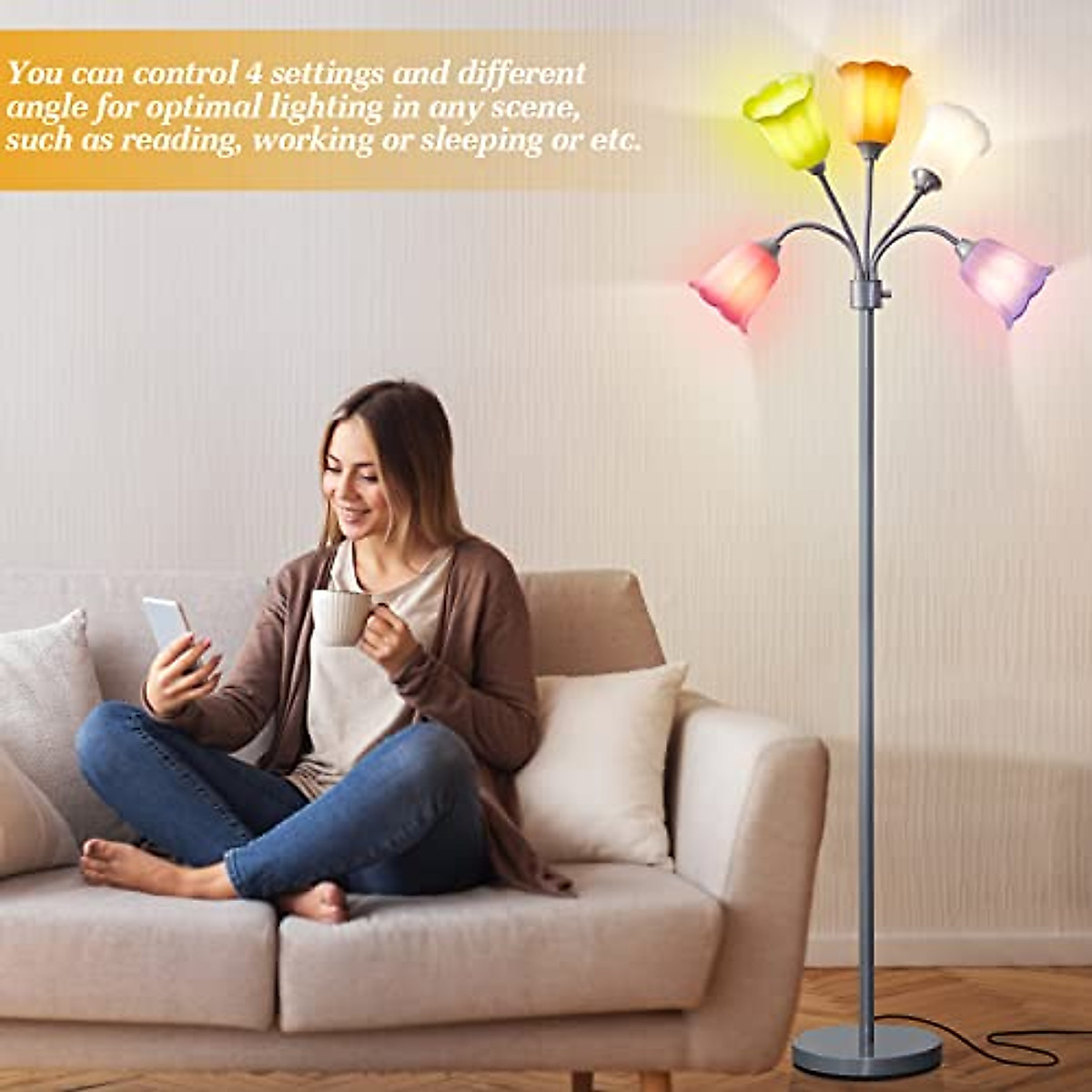 GyroVu Medusa LED Floor Lamp, Multi Head Modern Tall Lamp with Adjustable Gooseneck Standing Lamps Led Tall Lamp for Living Room Bedroom Kids Room Office 6 Color Lampshades Bulb Not Included Silver