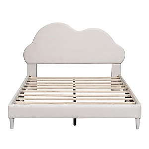 Full Size Bed Frame, Full Size Upholstered Cloud-Shape Bed, Modern Velvet Platform Bed with Headboard for Kids Teens Girls Boys, Easy Assembly, No Box Spring Needed (Beige)