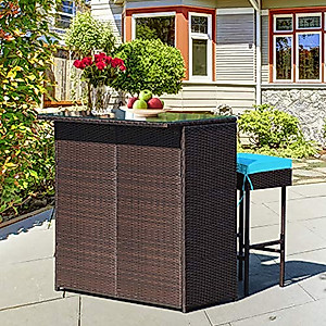 HAPPYGRILL 3-Pieces Patio Bar Set Rattan Wicker Bar Stools & Table with Cushions and Glass Table Top for Pool Garden Dining Set with Storage Shelves