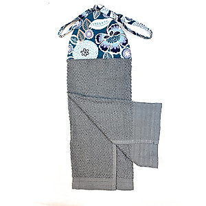 Teal Gray Grey White Flowers Ties On Stays Put Grey Kitchen Bathroom Hanging Loop Hand Dish Towel