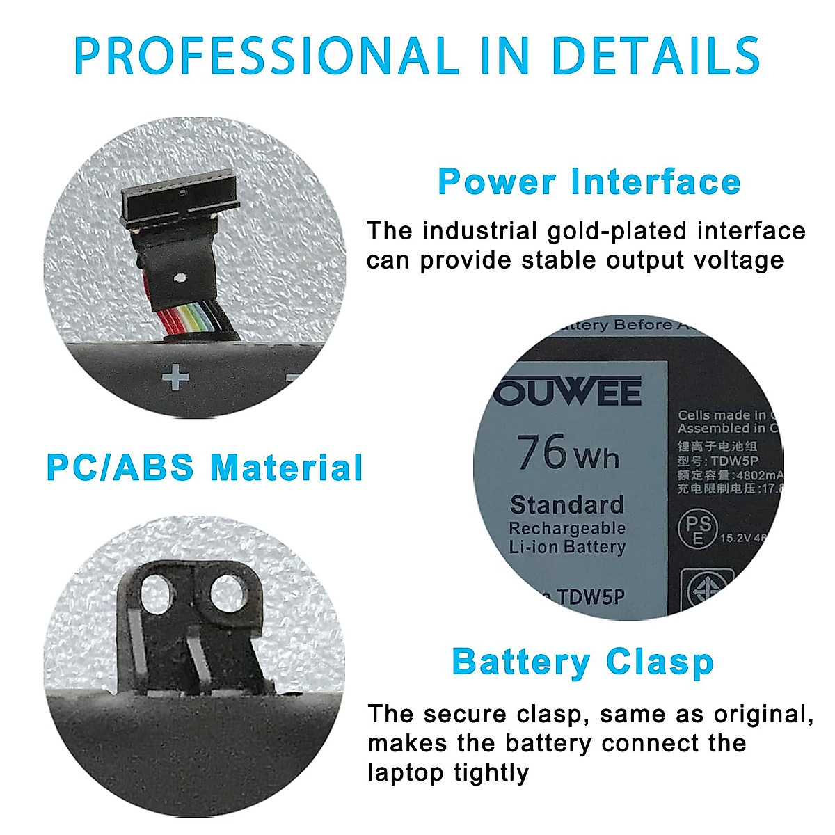 OUWEE TDW5P Laptop Battery Compatible with Dell Alienware 13 R3 ALW13C D1738 D2718 D2728 D2738 D2838 D2508 D2503S D2506S D2715S Series V9XD7 0V9XD7 04RRR3 0JFWX7 15.2V 76Wh 4840mAh