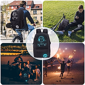 Pawsky School Backpack for Kids Skateboard Anime Luminous Backpack with USB Charging Port, Anti Theft Lock, College School Bookbag for Teen Boys and Girls with Lunch Bag and Pencil Case