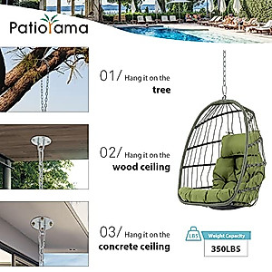 Patiorama Indoor Outdoor Egg Swing - Rattan Hanging Chair w/Cushion, 350lbs Capacity, All Weather Foldable Hammock Chair for Bedroom, Porch (Olive Green)