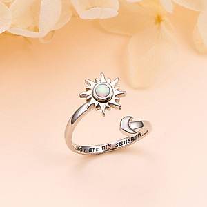 Anxiety Rings for Women S925 Sterling Silver Created Opal Sun and Moon Fidget Spinner Ring Adjustable Open End Engraved You are my Sunshine Spinner Gift for Her