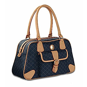 Rioni Signature STA-20017 Navy Satchel Organizer Canvas Leather Handbag Shoulder Bag