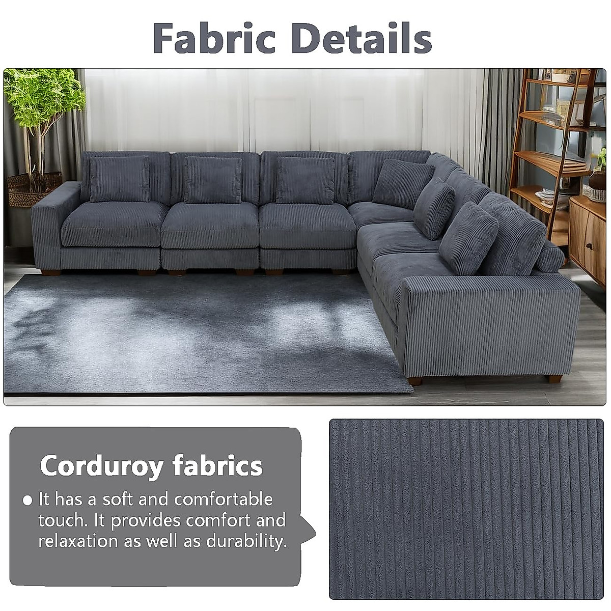 A Ainehome Modular Sectional Sofa Set, Living Room Furniture Sets Oversized L-Shaped Sofa Set 6-Seat Modular Large Sectional Couch for Living Room(C-Dark Grey Corduroy)
