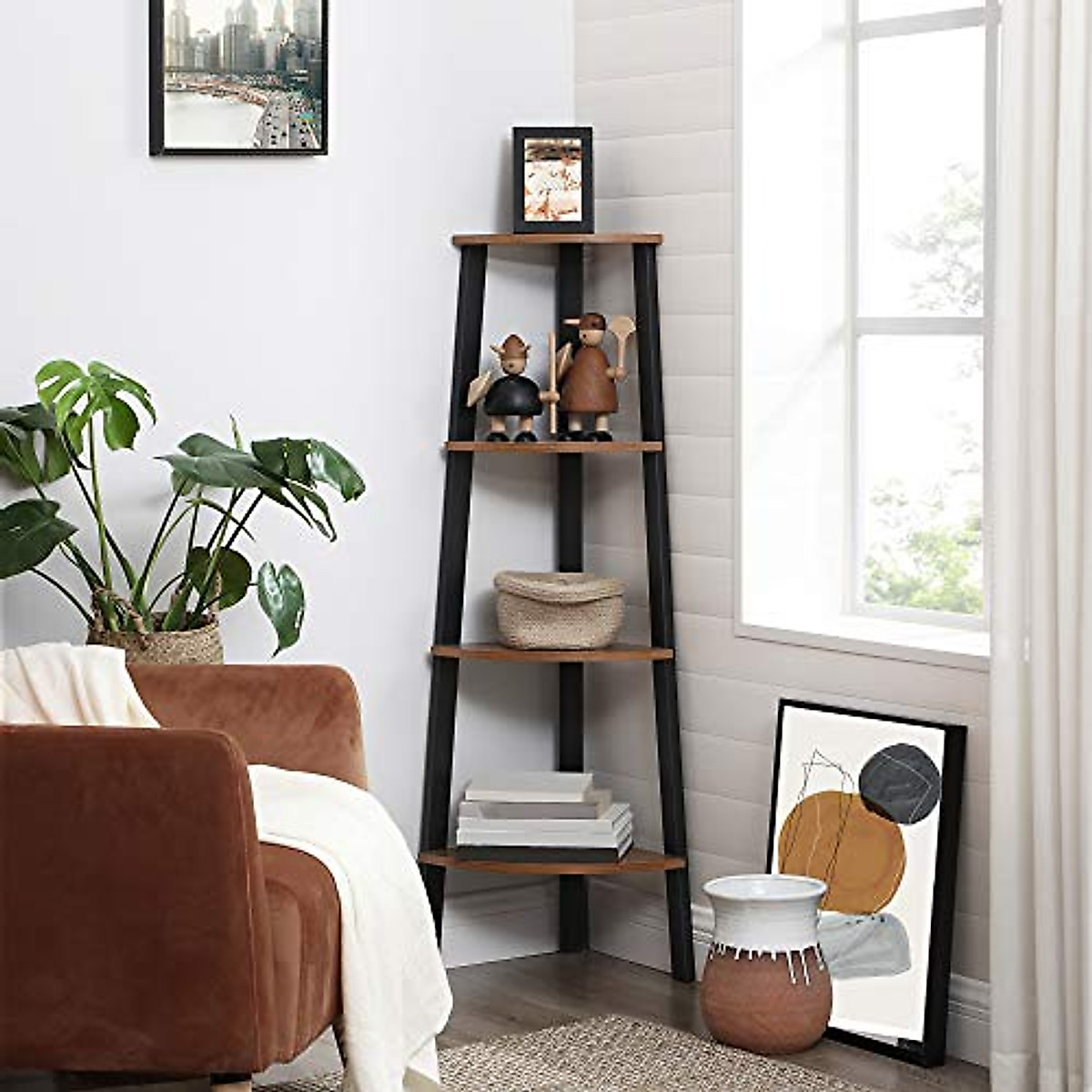 VASAGLE Corner Shelf Bundle with Ladder Shelf, 4-Tier Corner Bookshelf, Plant Shelf Stand for Living Room, Bedroom, Industrial Style, Rustic Brown and Black ULLS34X and ULLS44X
