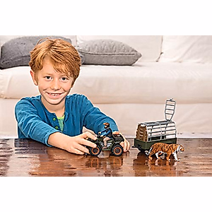 Schleich Wild Life Big Truck Animal Rescue Jungle Adventure 10pc Playset - Includes Off Road ATV, Rider, CAges Trailer, Tiger, and Accessories for Boys and Girls, Highly Durable Gift for Kids Ages 3+