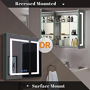 LADEED Lighted Medicine Cabinet with Mirror Outlet,30 X 26 Inch,Recessed Or Surface-Mounted Led Medicine Cabinet Mirror for Bathroom Storage,Interior Light, Double Door,Defog,Stepless Dimming