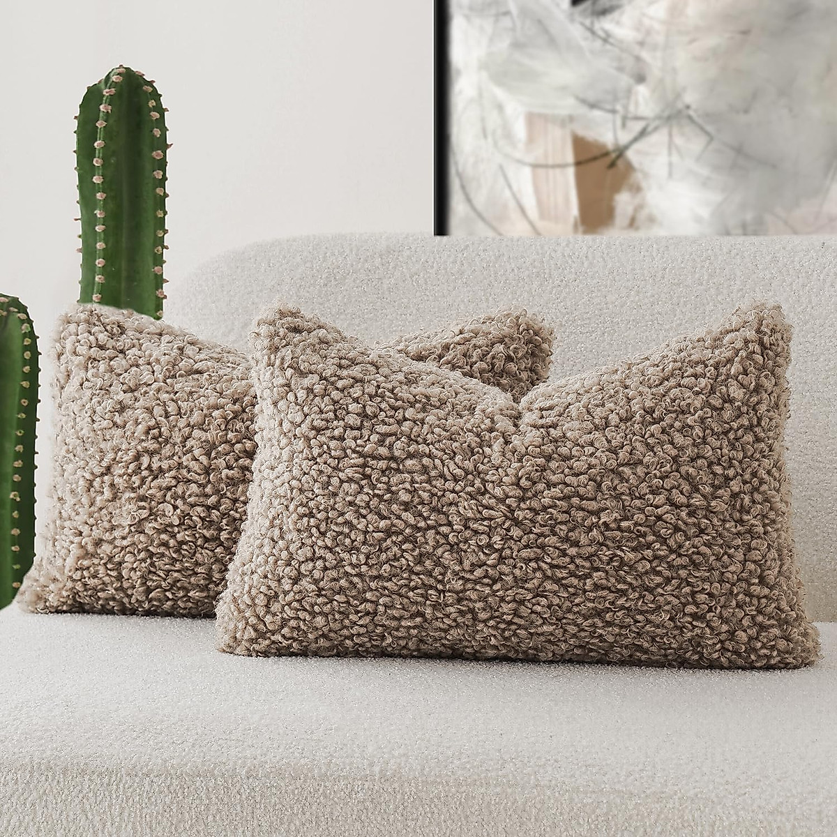 Foindtower Set of 2 Curly Teddy Wool Pillow Covers Decorative Boucle Textured Lumbar Throw Pillow Faux Fur Pillowcases Sheepskin Cushion Case for Sofa Bedroom Car 12"x20" Khaki