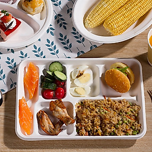 Bekith 60 Pack 6-Compartment Disposable Paper Plate, 100% Compostable Bagasse School Lunch Tray, Heavy-Duty Sectional Plates Eco-Friendly Made of Sugar Cane Fibers