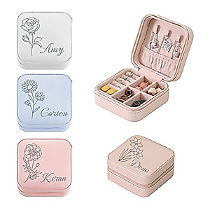 Disc Us Custom Leather Jewelry Box, Personalized Jewelry Travel Case, Customized Jewelry Organizer Box with Name and Birth Flower Month, Mom Birthday Gifts for Women (Birth Flower-2)