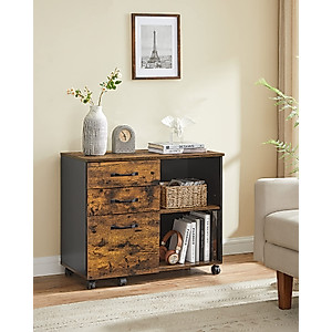 VASAGLE Lateral File Cabinet, Home Office Printer Stand, with 3 Drawers and Open Storage Shelves, for A4, Letter-Size Documents, Rustic Brown + Black
